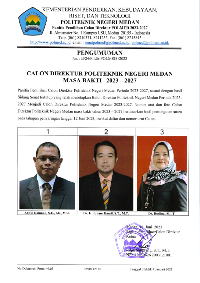 Pengumuman tentang Calon Direktur Politeknik Negeri Medan Masa Periode Tahun 2023-2027 - TRIL POLMED